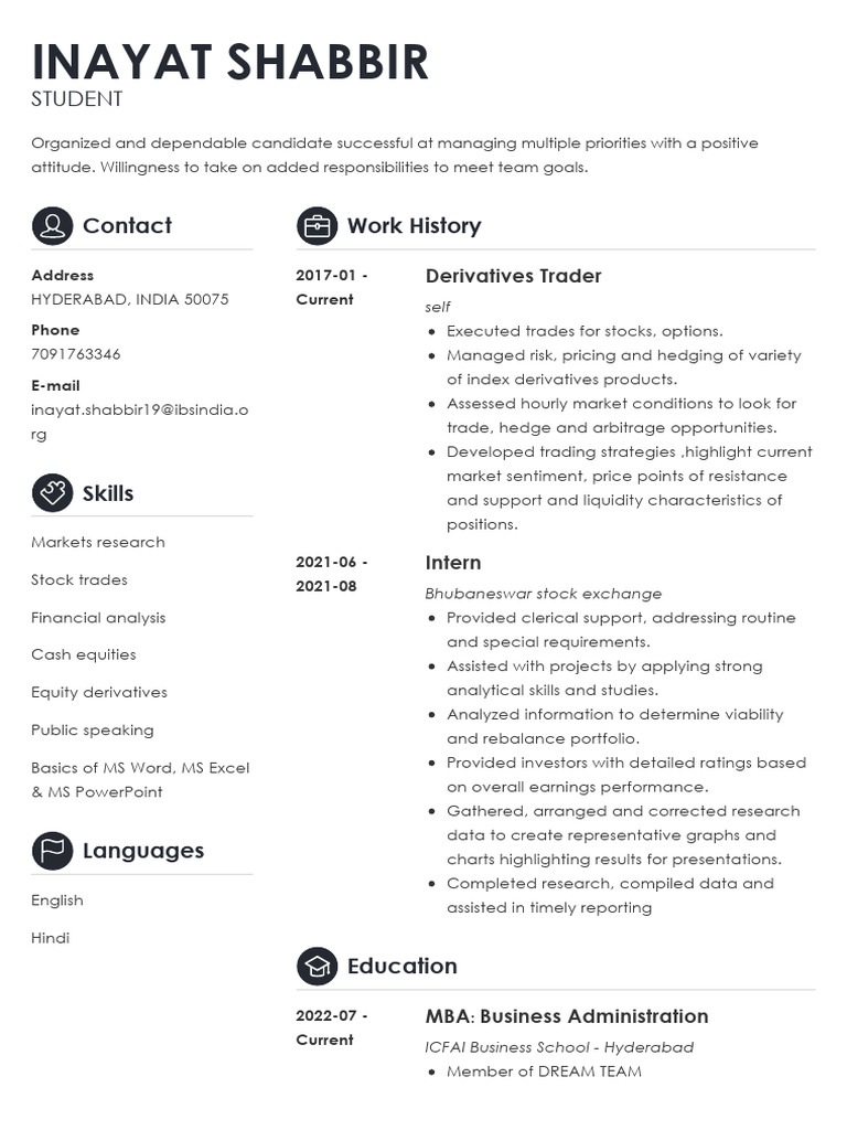 INAYAT SHABBIR Resume (22BSPHH01C0449) PDF | PDF | Stocks | Business