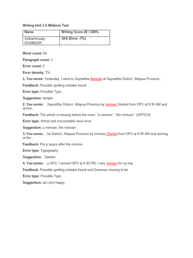 Writing Unit 1-5 Midterm Test Xokamnuay DUANGDY | PDF | Language Arts ...