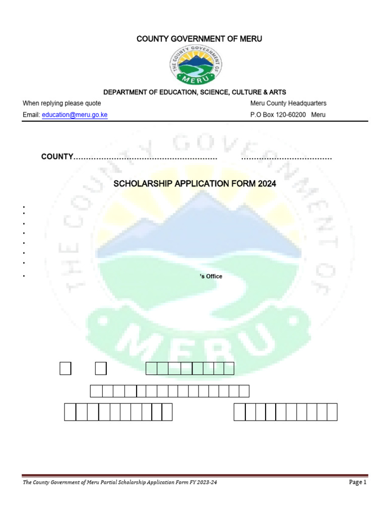 County Government of Meru Scholarship Application Form 2024 | PDF
