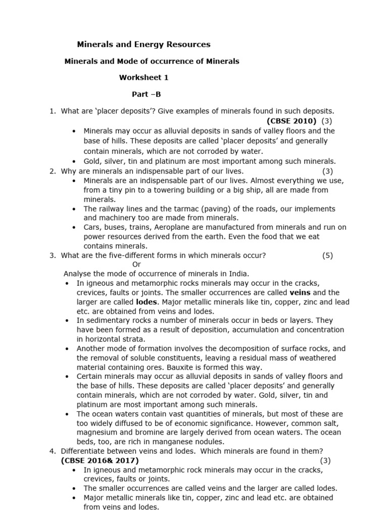 Minerals and Energy Resources Notes and Textual Question Answers | PDF