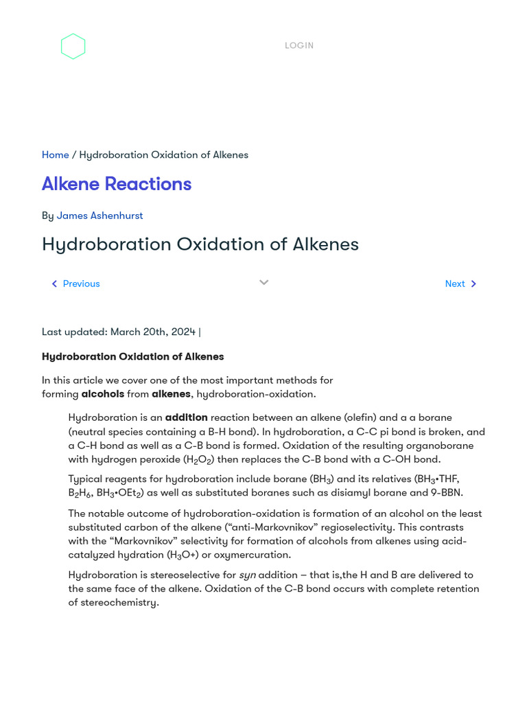 Hydroboration Oxidation of Alkenes - Master Organic Chemistry | PDF