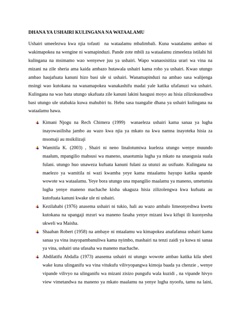 Dhana Ya Ushairi Kulingana Na Wataalamu Hks 722 | PDF