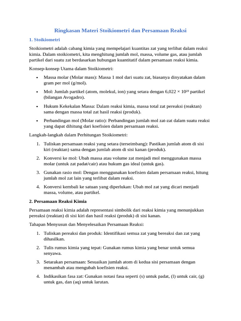 Ringkasan Materi Stoikiometri Dan Persamaan Reaksi | PDF