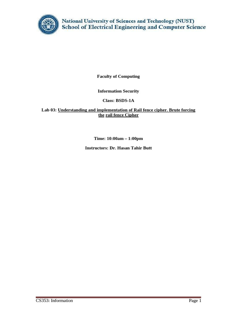 Lab-3 CS-353 (Railfence Cipher) | PDF | Encryption | Key (Cryptography)