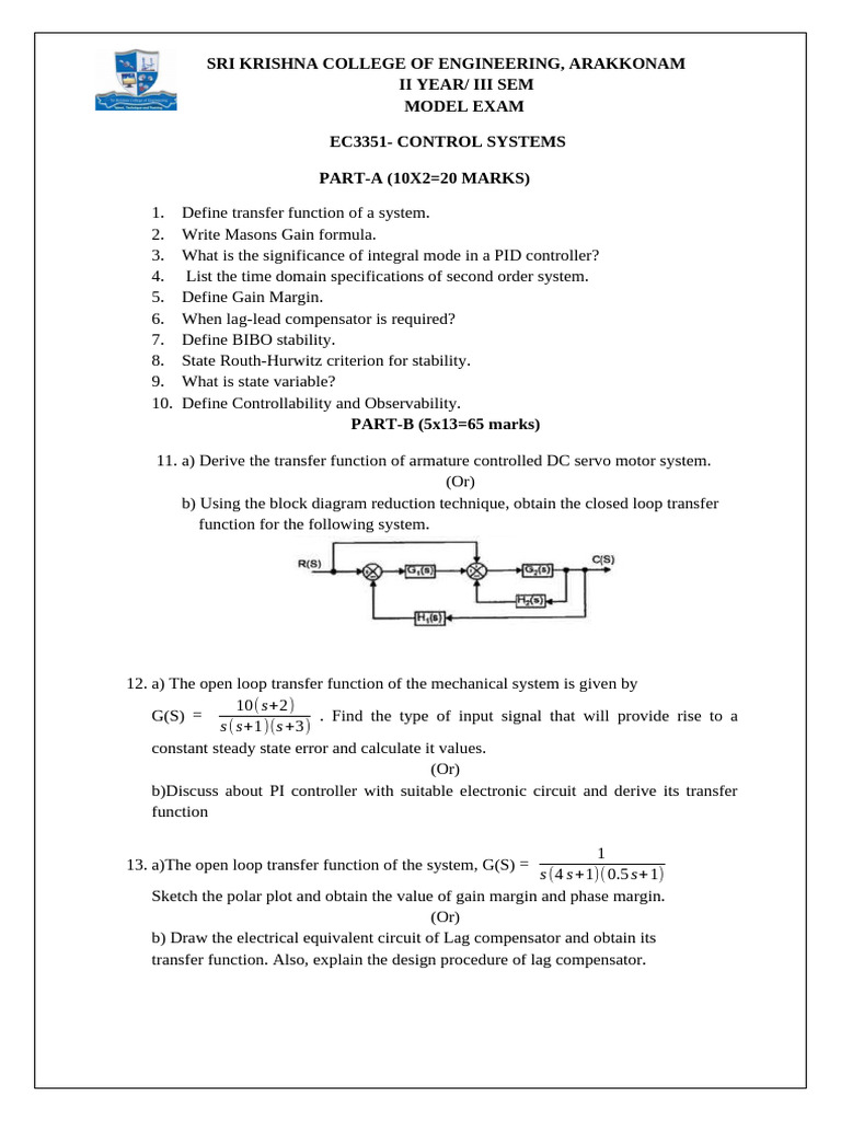 Sri Krishna College of Engineering, Arakkonam Ii Year/ Iii Sem Model Exam Ec3351-Control Systems ...