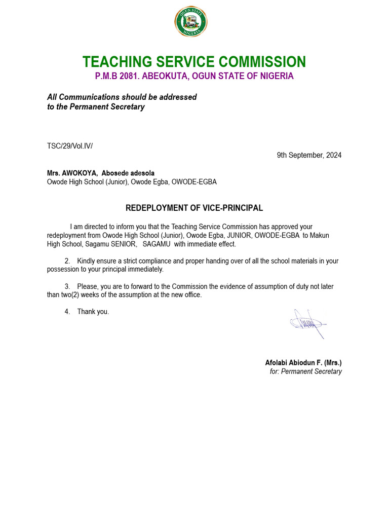 Mrs. Awokoya, Abosede Adesola Posting Letter | PDF