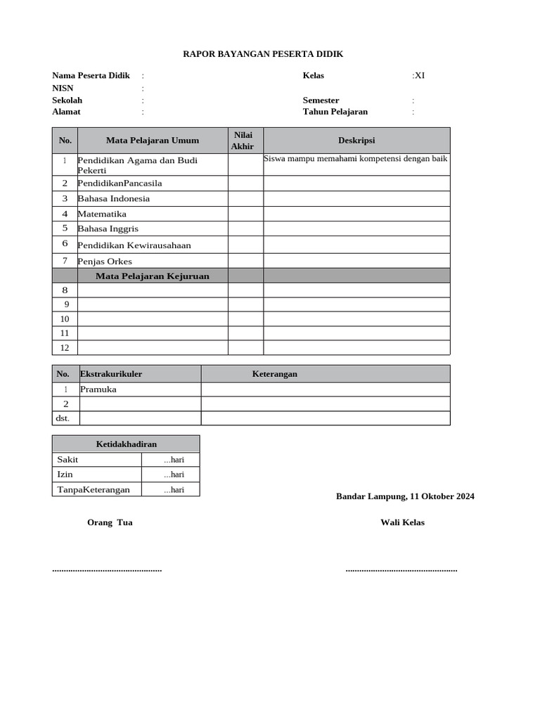Format Raport SMK Kelas XI | PDF