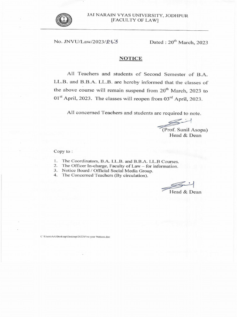 Notice Ba Bba LLB II Sem. | PDF