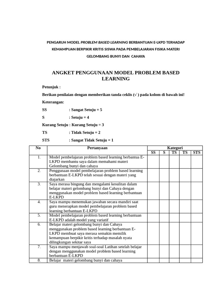 Angket Penggunaan Model Problem Based Learning | PDF