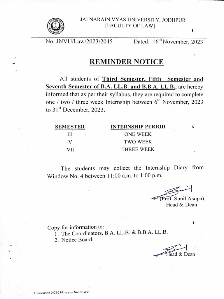 Reminder Notice For Internship | PDF
