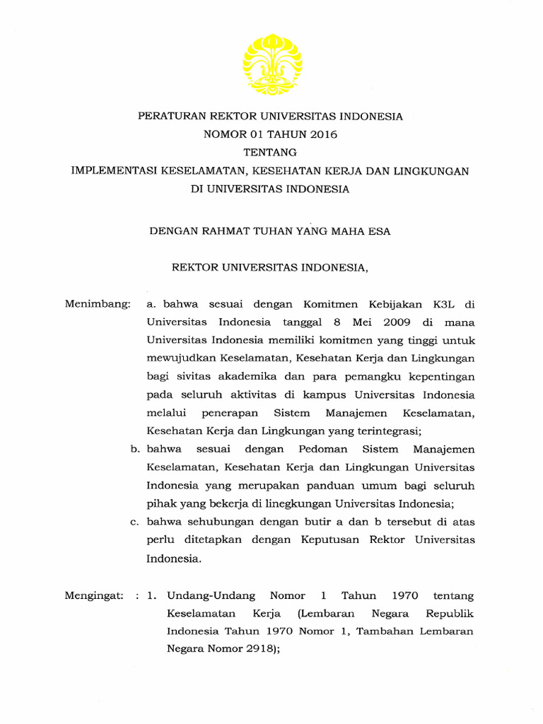 Peraturan 01 2016 - Implementasi K3L Di UI | PDF