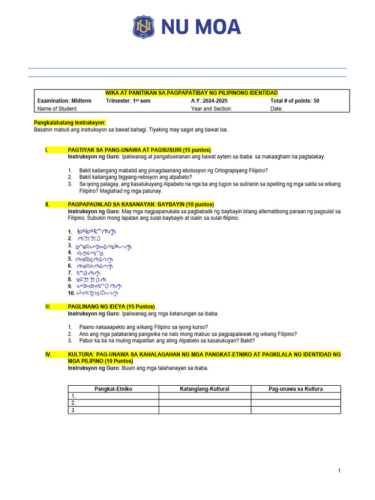 Midterm Exam: Filipino Language & Culture | PDF | Languages Of Asia ...