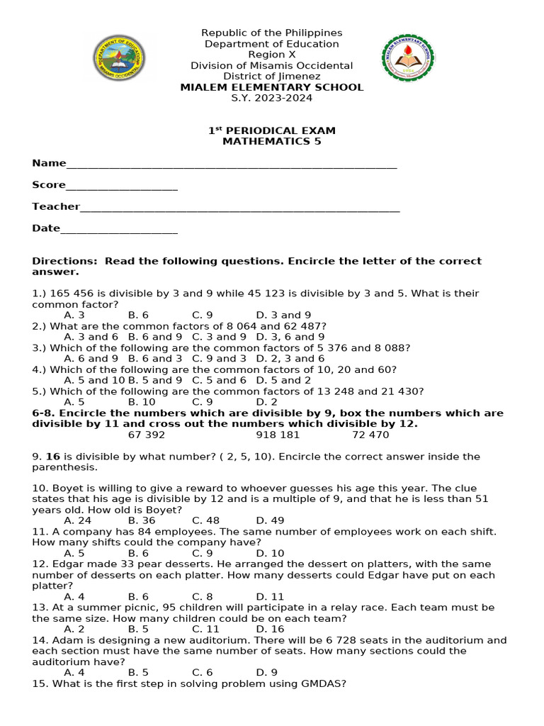 First Grading Exam Math 5 | PDF