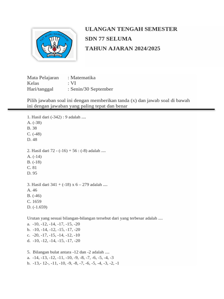Soal Uts Kelas VI SMT 1 | PDF