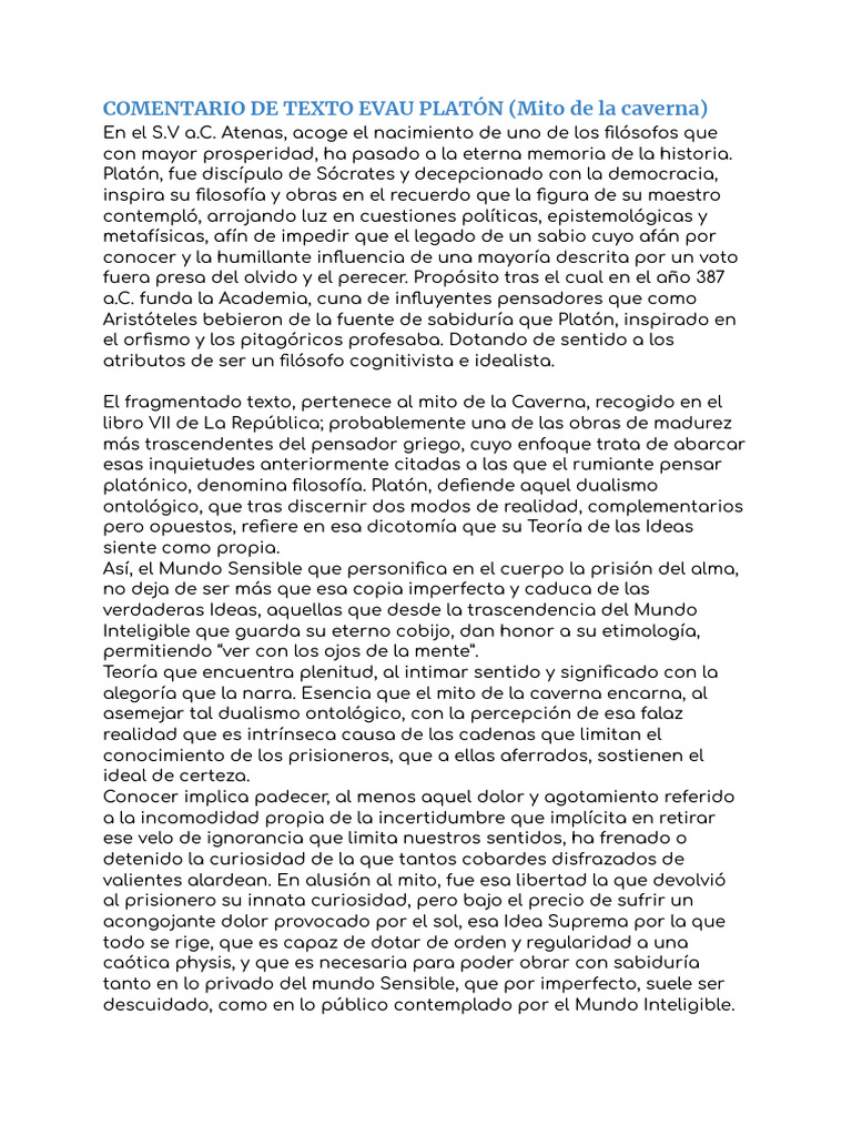 COMENTARIO DE TEXTO EVAU PLATÓN (Mito de La Caverna) | PDF