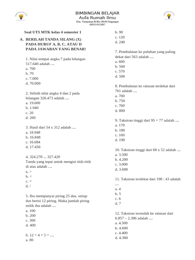 Soal UTS MTK Kelas 4 Semester 1 | PDF