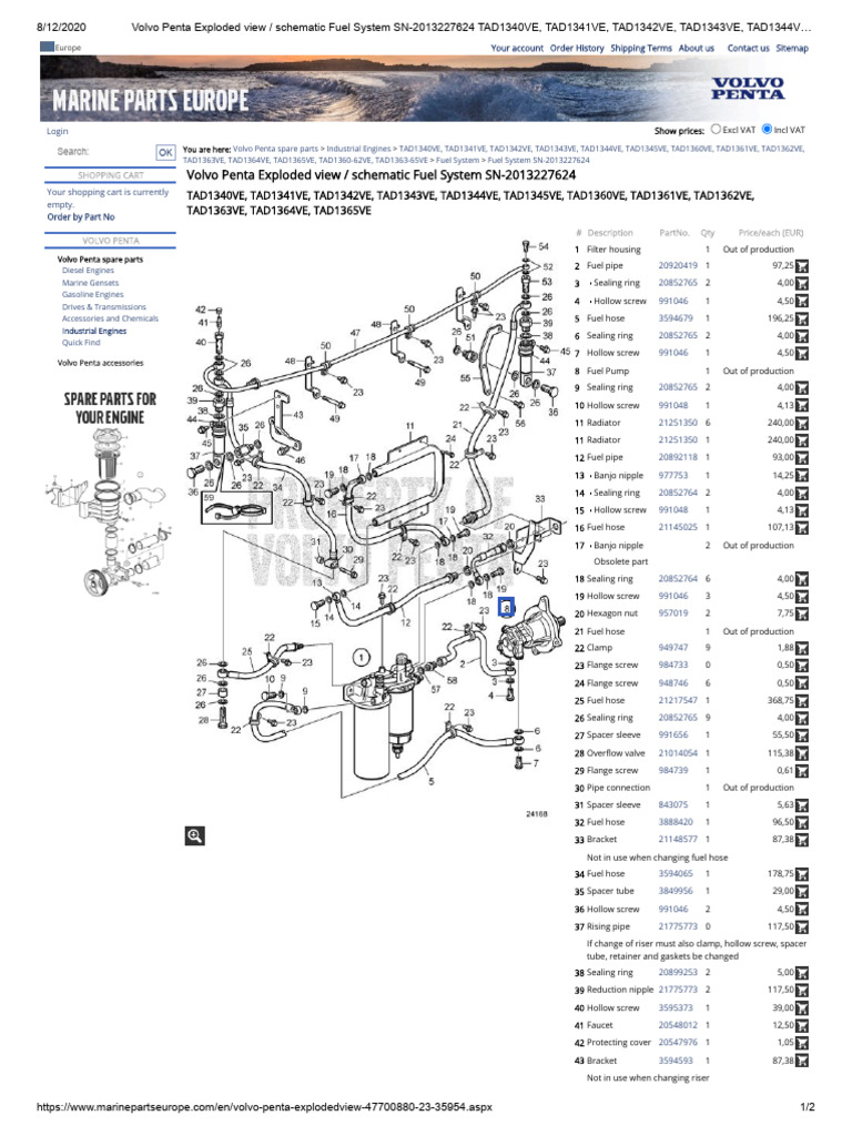 Volvo Penta Exploded View / Schematic Fuel System SN-2013227624 | PDF