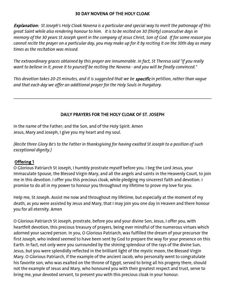 Novena Prayers of The Holy Cloak St. Joesph | PDF