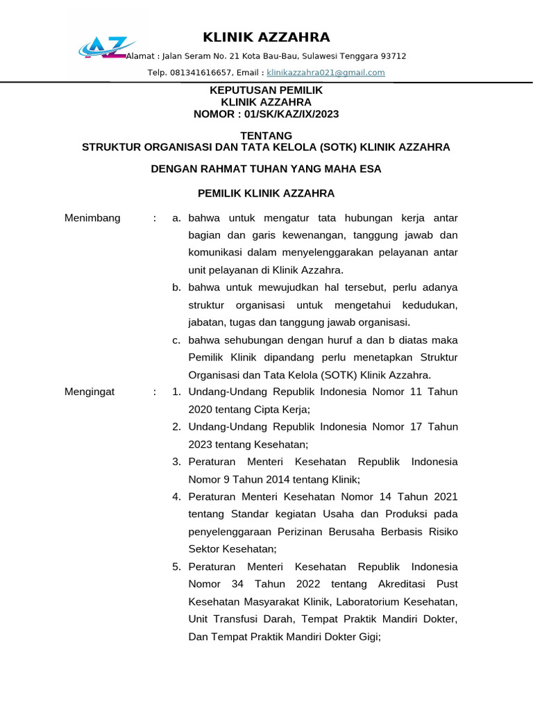 SK Struktur Organisasi + Uraian Tugas, Tanggung Jawab, Dan Wewenang | PDF