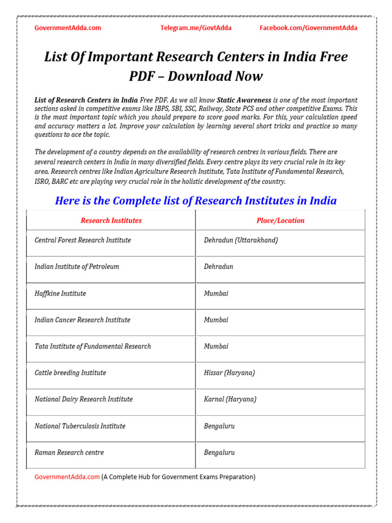 List of Important Research Centers in India - : Free PDF Download Now | PDF