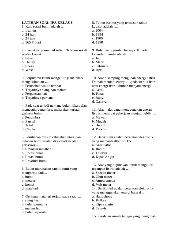 Latihan Soal Ipa Kelas 6 | PDF