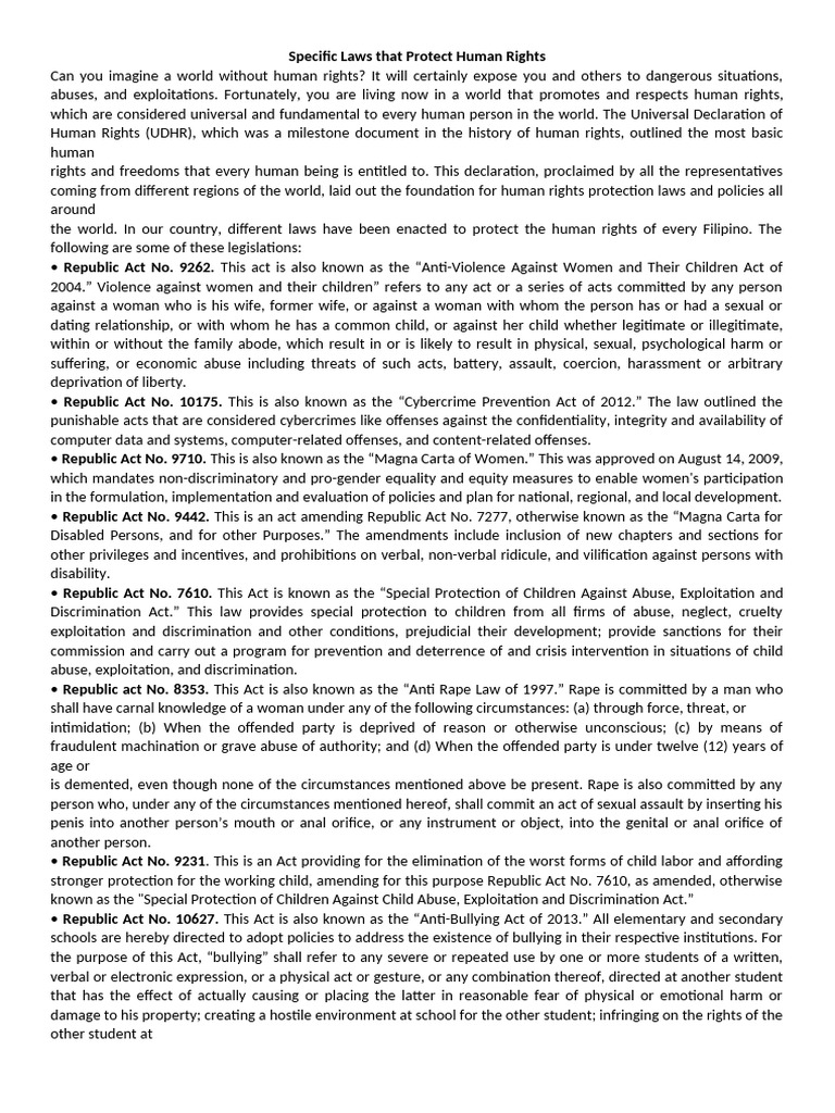 Specific Laws That Protect Human Rights | PDF