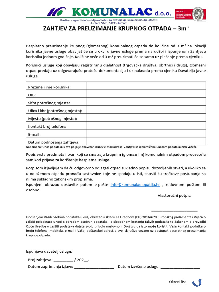 Obrazac Za Preuzimanja Glomaznog Otpada | PDF