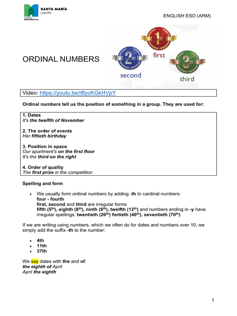 Ordinal Numbers | PDF | Sports & Recreation