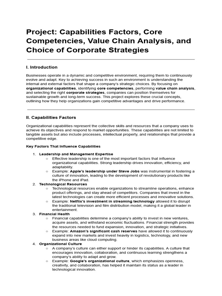 Project: Capabilities Factors, Core Competencies, Value Chain Analysis ...
