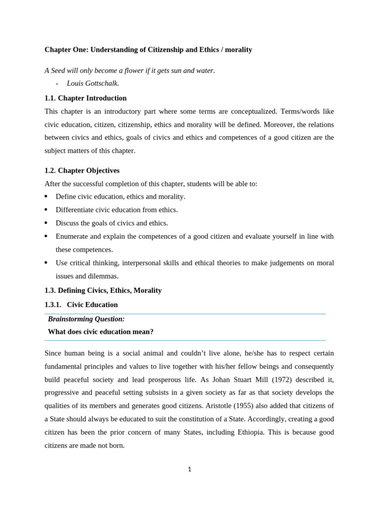 Civic and Moral Education Hand Out Chapter One, Two and Three | PDF