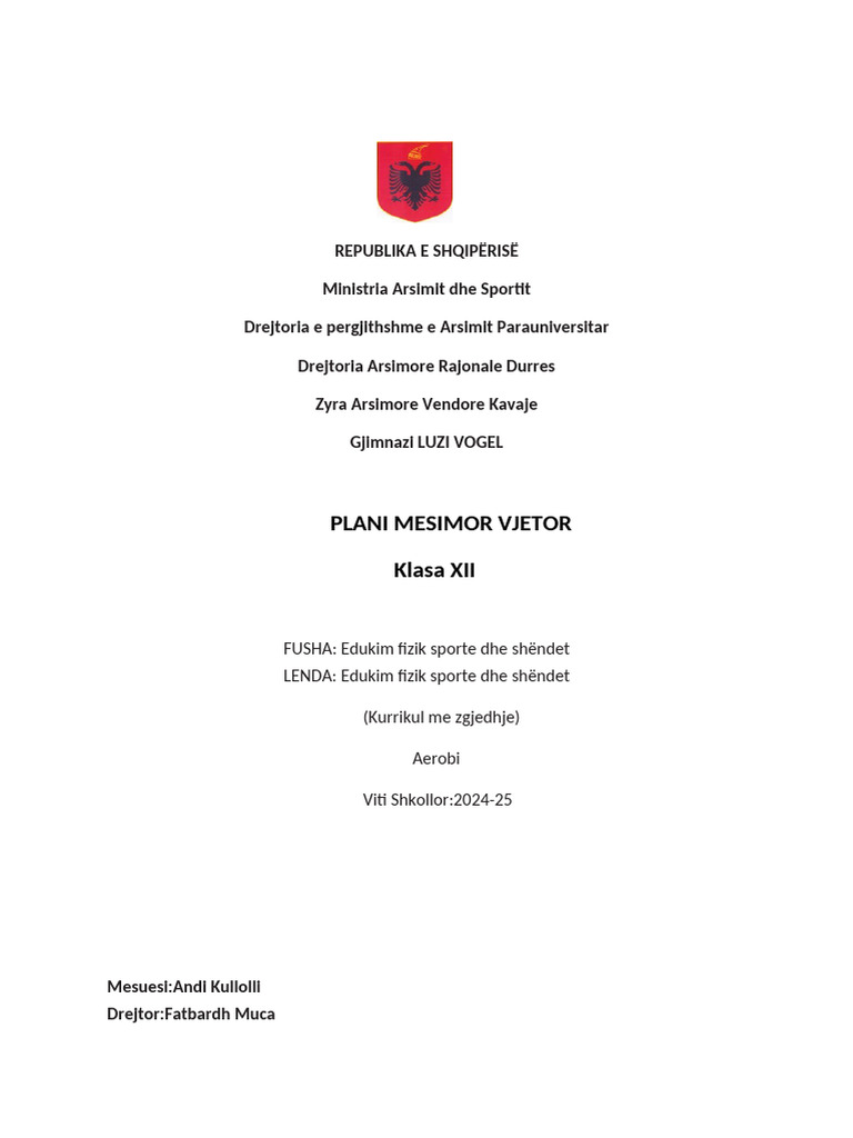 Plan Mesimor Vjetor Me Zgjedhje Aerobi 2024-25 | PDF