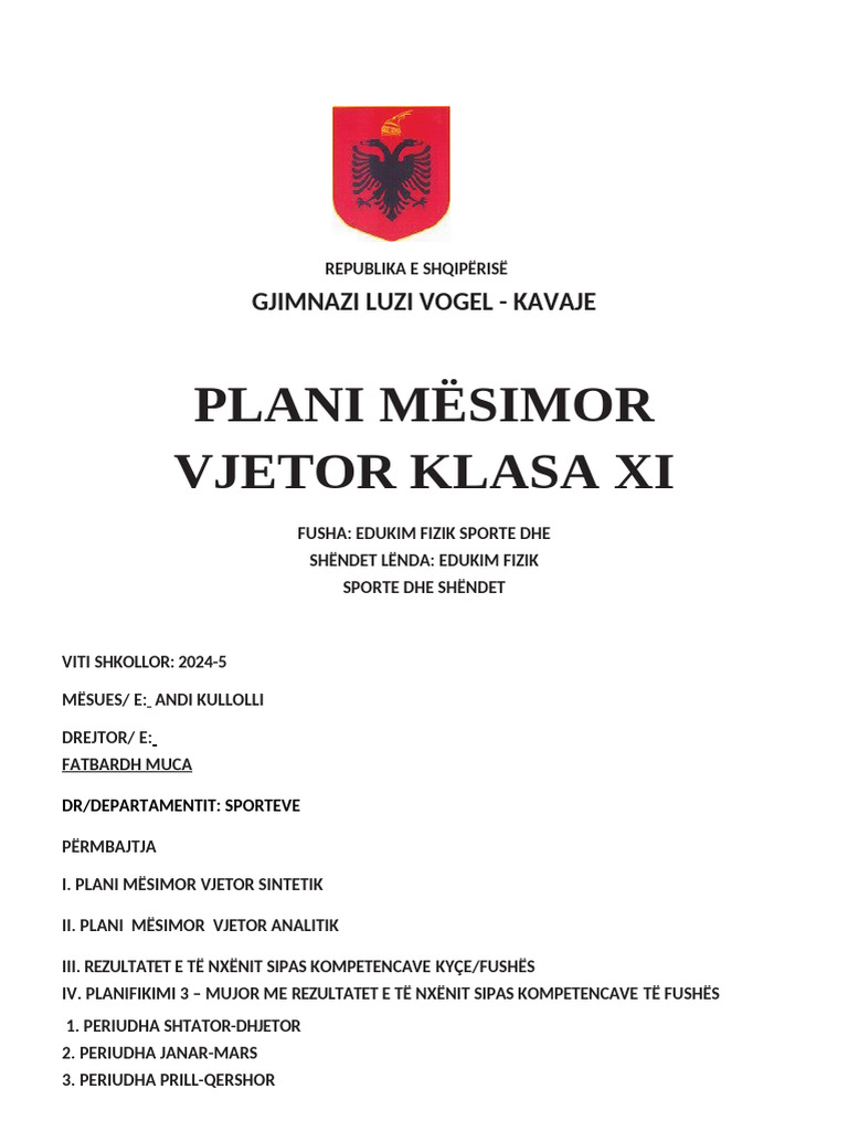Plan Mesimor Edukim Fizik Vjetor - Klasa - Xi - 2024-25 | PDF