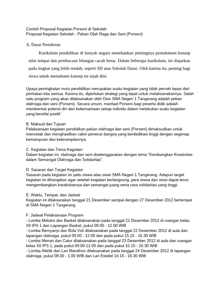 Contoh Proposal Kegiatan Porseni Di Sekolah | PDF