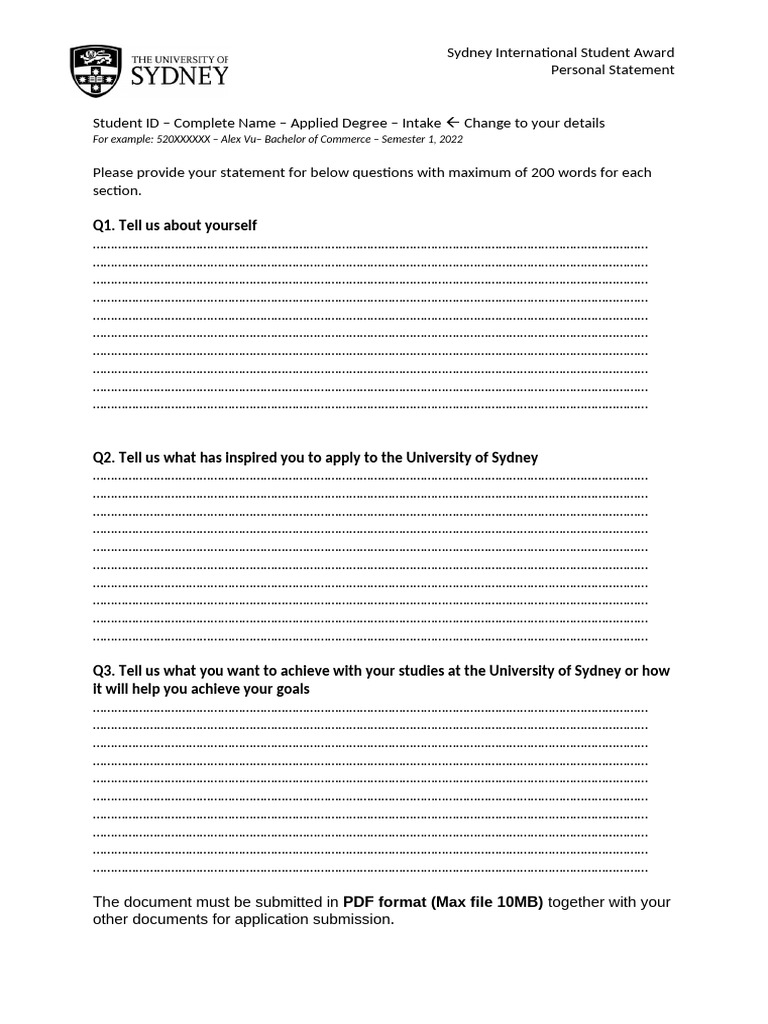 1. Sydney International Student Award - Personal Statement Template ...