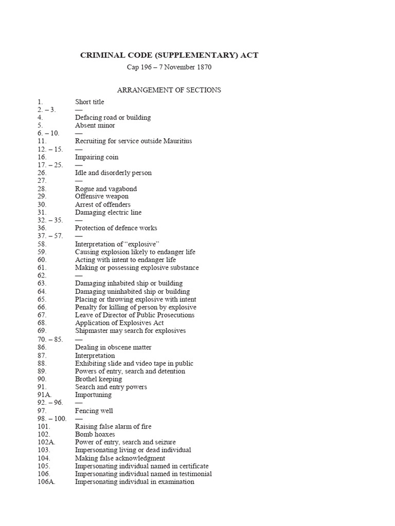 Mauritius - Criminal Code (Supplementary) Act | PDF