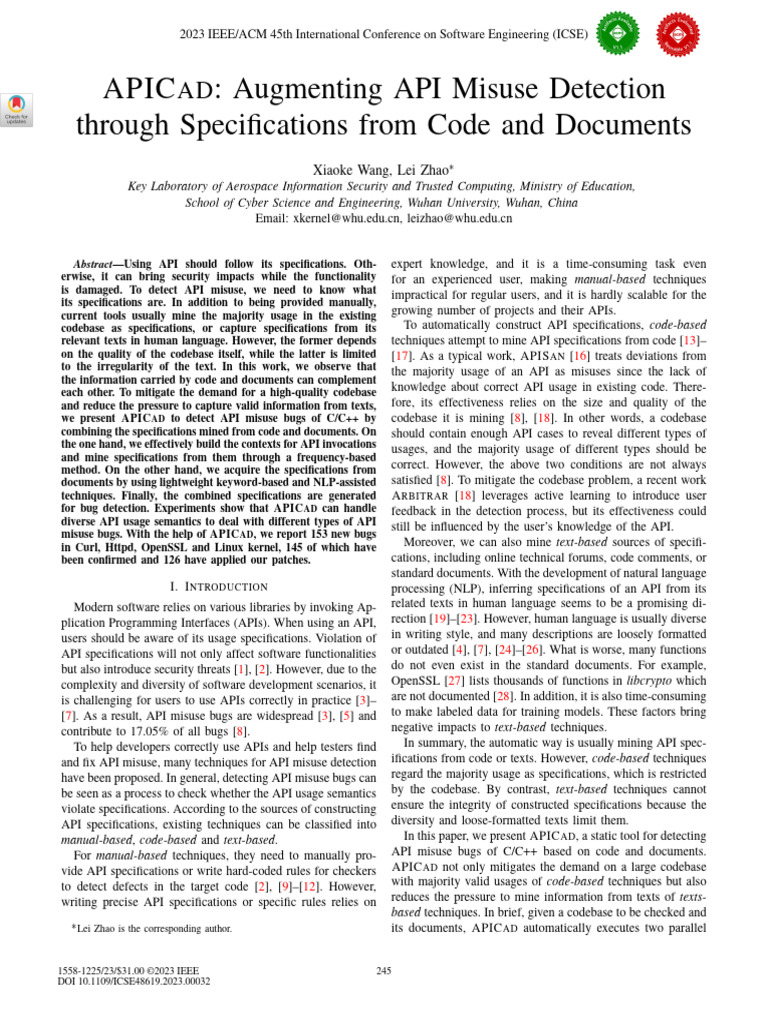 2023 - APICad - Augmenting API Misuse Detection Through Specifications From Code and Documents | PDF