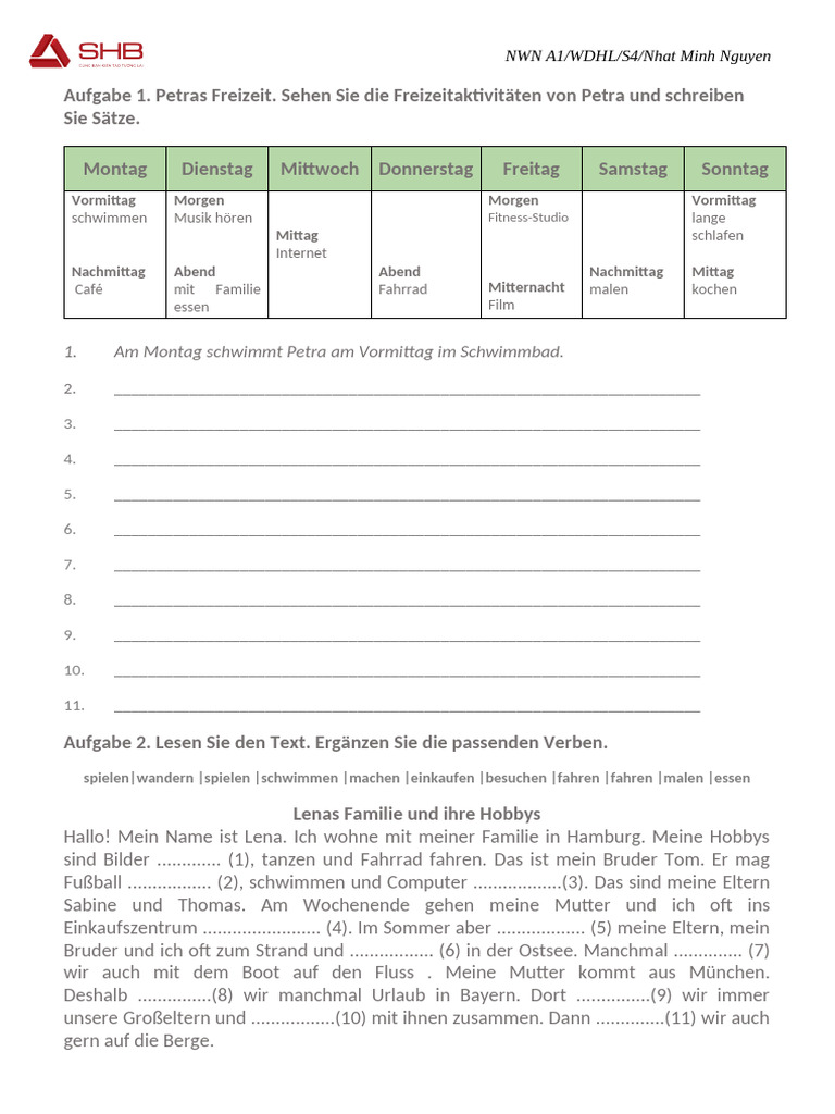 Freizeitaktivitäten - Aufgabe Zur Verbkonjugation | PDF