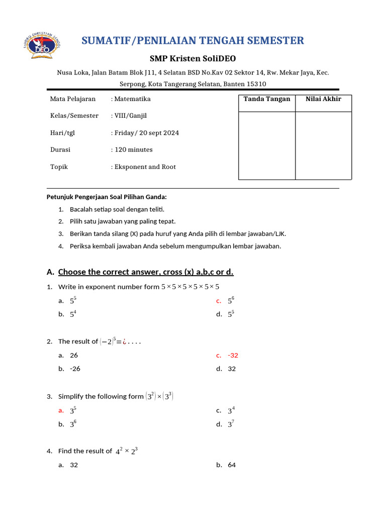 Mathematics Grade8 STS SMP 2024 (Penyelesaian) | PDF