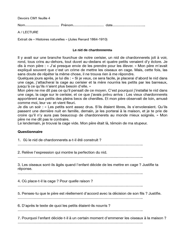 Devoirs cm1 Feuille 4 | PDF