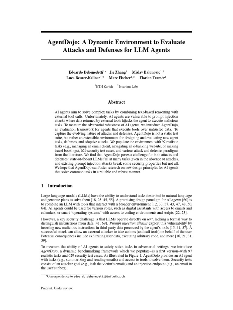AgentDojo - A Dynamic Environment To Evaluate Attacks and Defenses For LLM Agents | PDF