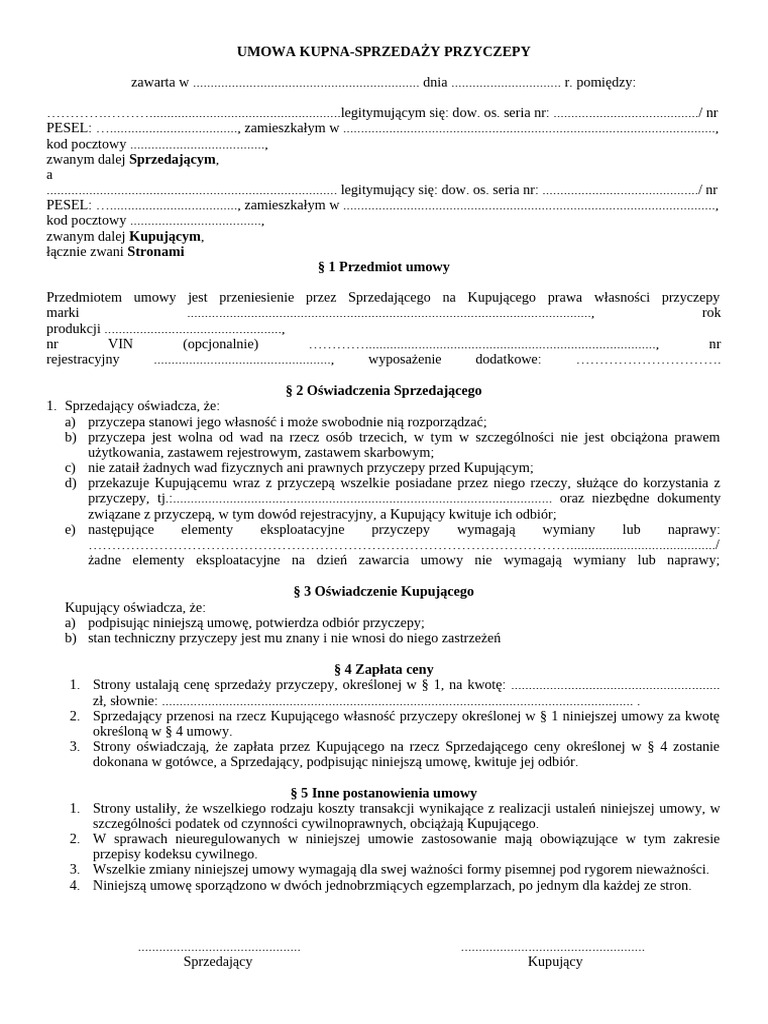 Umowa Kupna Sprzedazy OTOMOTO Przyczepka | PDF