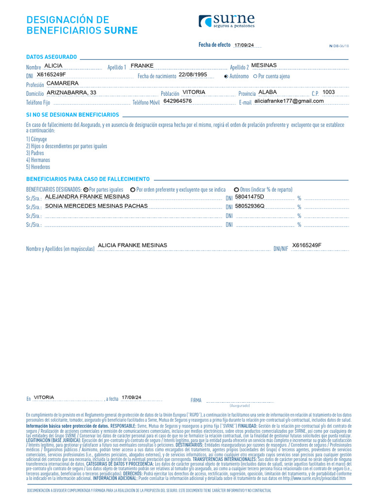 Solicitud Cambio de Beneficiaro Surne - Alicia Franke | PDF