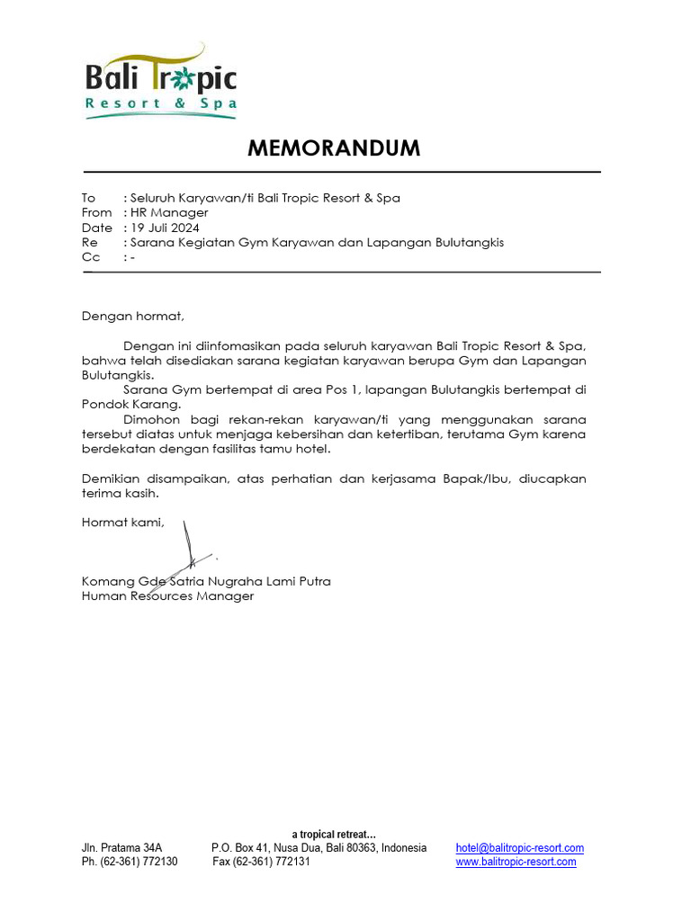 Memo Sarana Kegiatan Gym Karyawan Dan Lapangan Bulutangkis | PDF