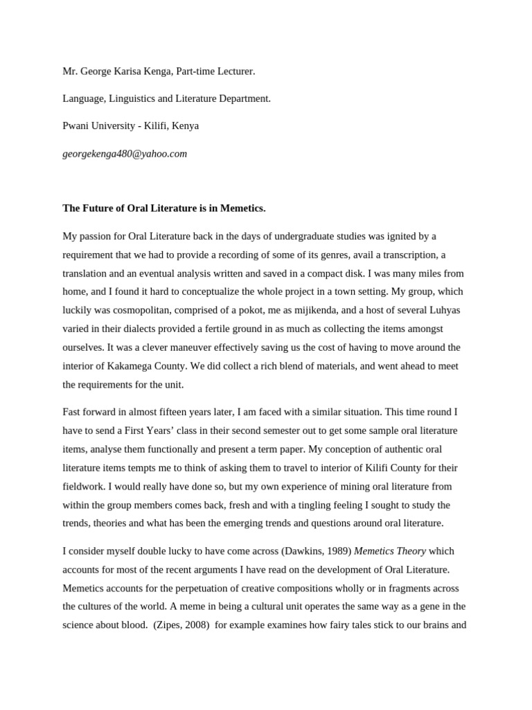 The Future of Oral Literature Is in Memetics | PDF | Meme | Oral Literature