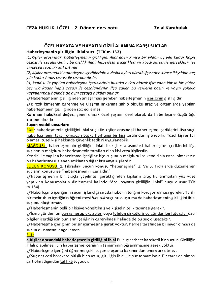 Ceza Hukuku Özel - Zelal Karabulak (2. Dönem Notu) | PDF