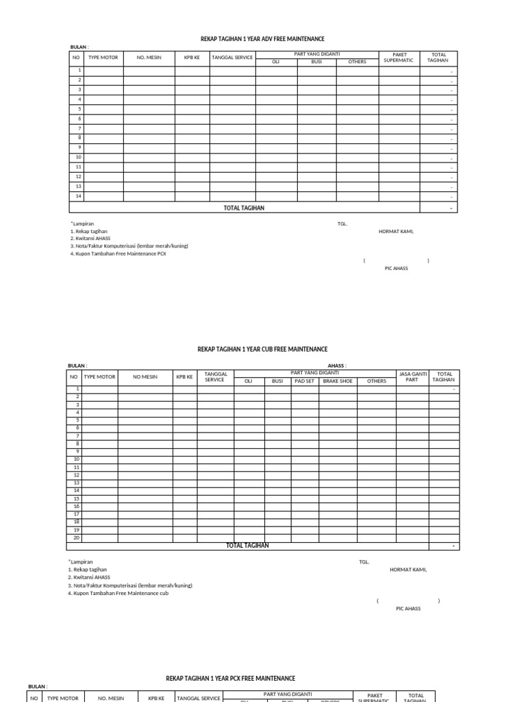 Form Rekap Free Mantenance | PDF