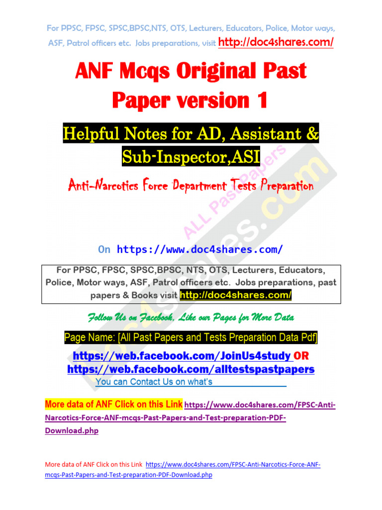 ANF Mcqs Original Past Paper Helpful For AD, Assistant & Sub-Inspector, ASI v1 | PDF