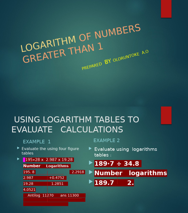 Presentation1 Oloruntoke Mathematics - LOGARITHM OF NUMBERS | PDF