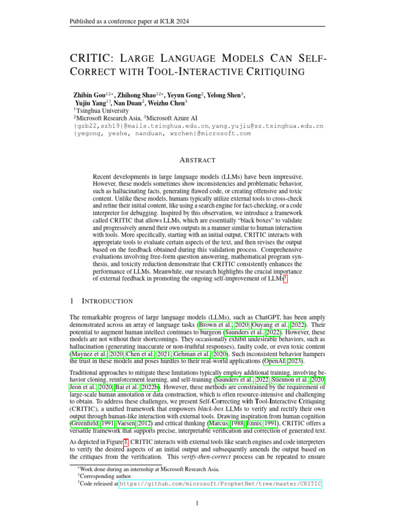 Critic - Large Language Models Can Selfcorrect With Tool-Interactive Critiquing | PDF