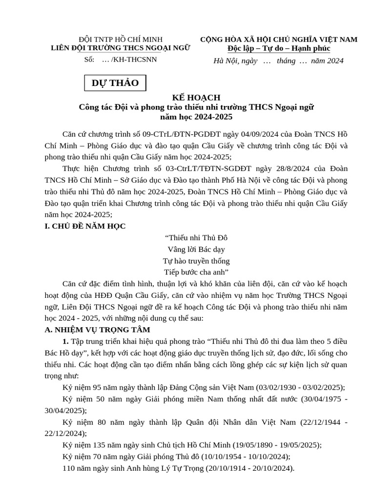 KH Liên Đ I Trư NG THCS Ngo I NG 2024-2025 | PDF